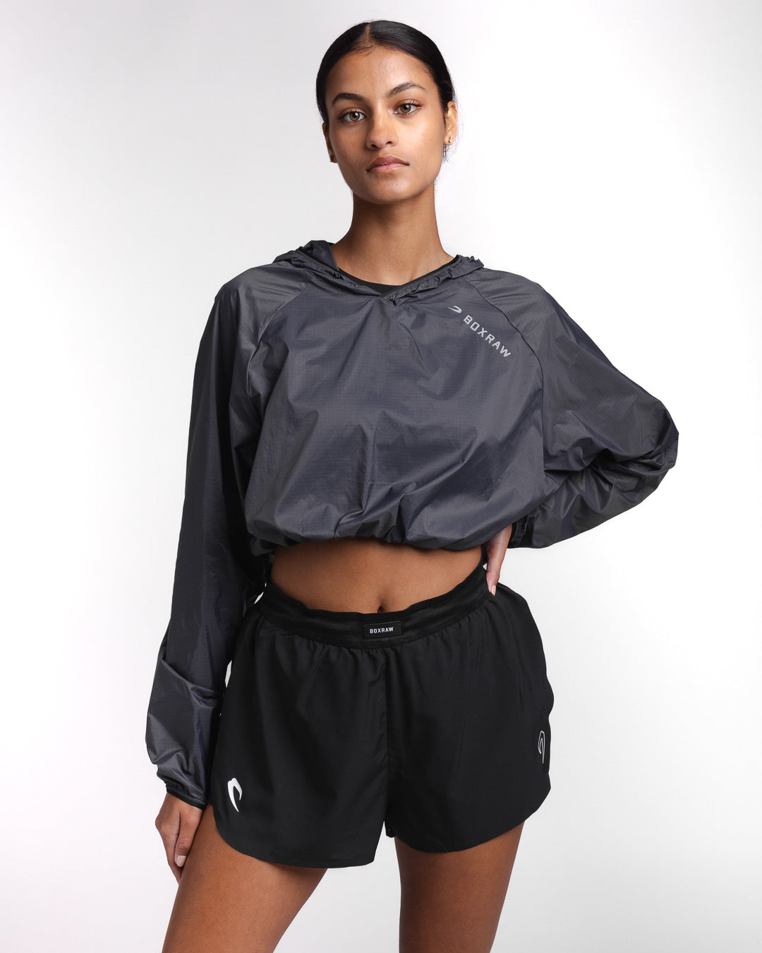 Genaro Cropped Windbreaker Hoodie - Charcoal | BOXRAW